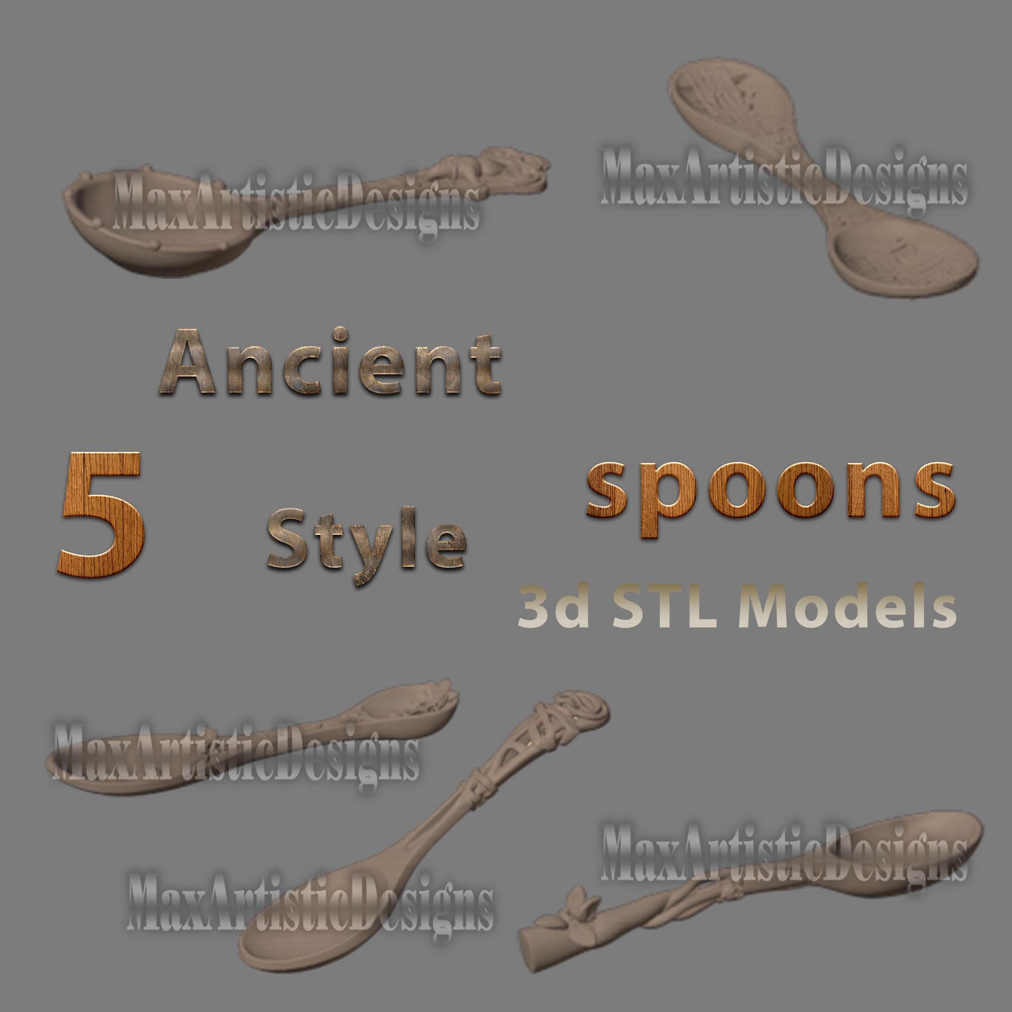 5 Ancient Style Spoons 3d Stl Kitchenware New Set for 3d Printing ...