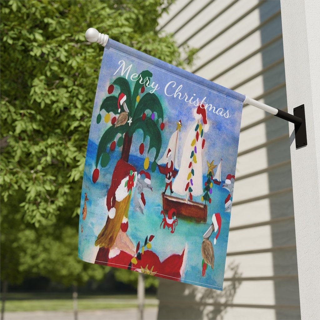 Coastal Christmas harbor boat parade Holiday flag with my art ...