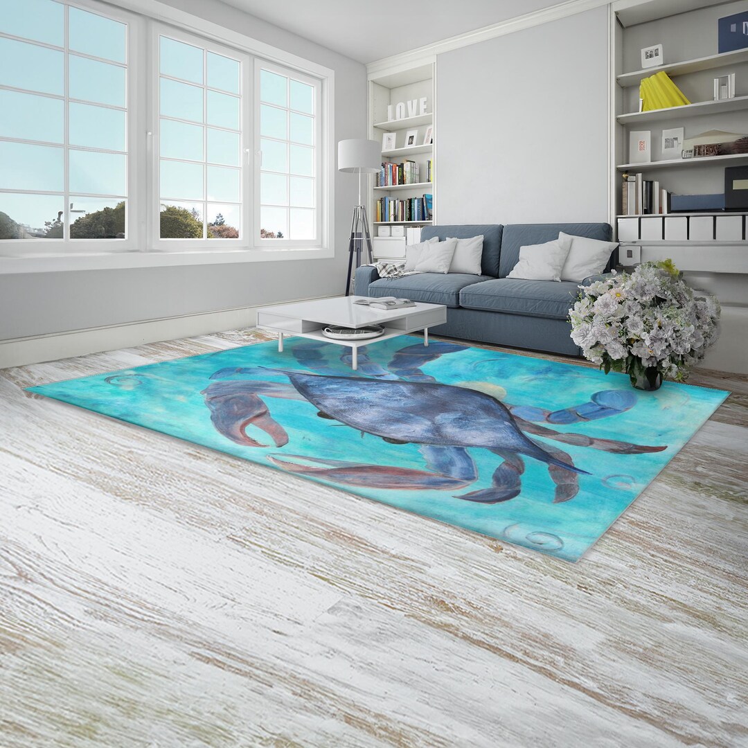 Coastal Blue Crab Beach House Large Chenille Area Rug of My Art Size 8 ...