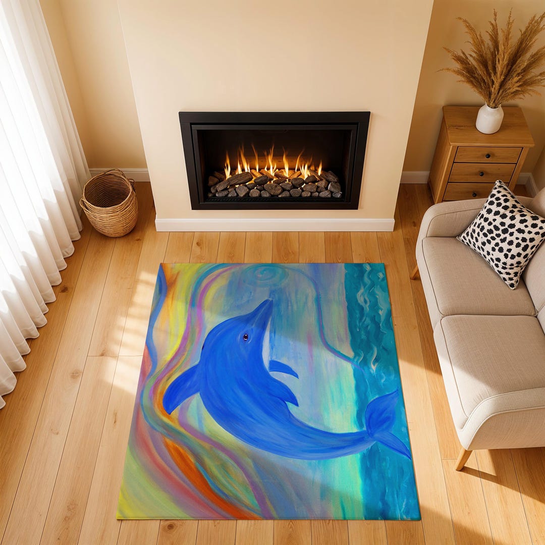Blue Dolphin Tropical Coastal Beach Home Chenille Area Rugs of My Art ...