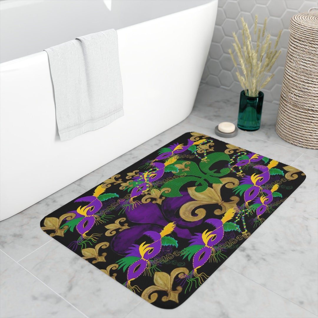 Mardi Gras Fleur De Lis and Masks on Black Bathmat Rug With My Art ...