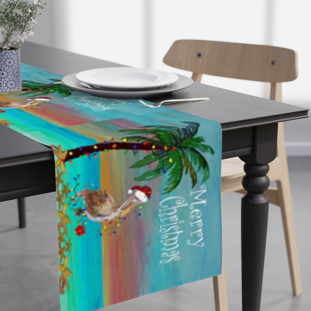 Pelican Christmas Palm Tree and Holiday Lights Table Runner of My Art ...