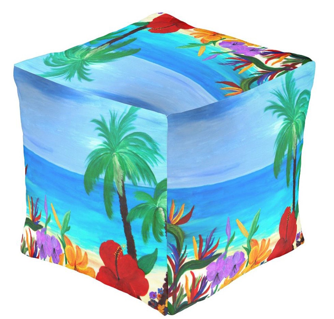 Tropical Floral Beach Palm Tree Ottomans and Foot Stools Coastal Home ...