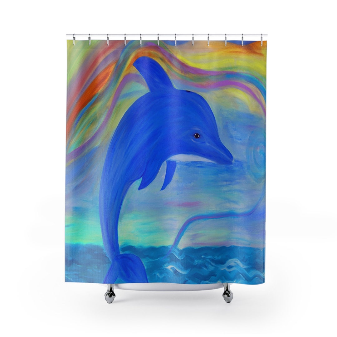 Blue Dolphin in Rainbow Coastal Bahtroom Polyester Shower Curtain With ...