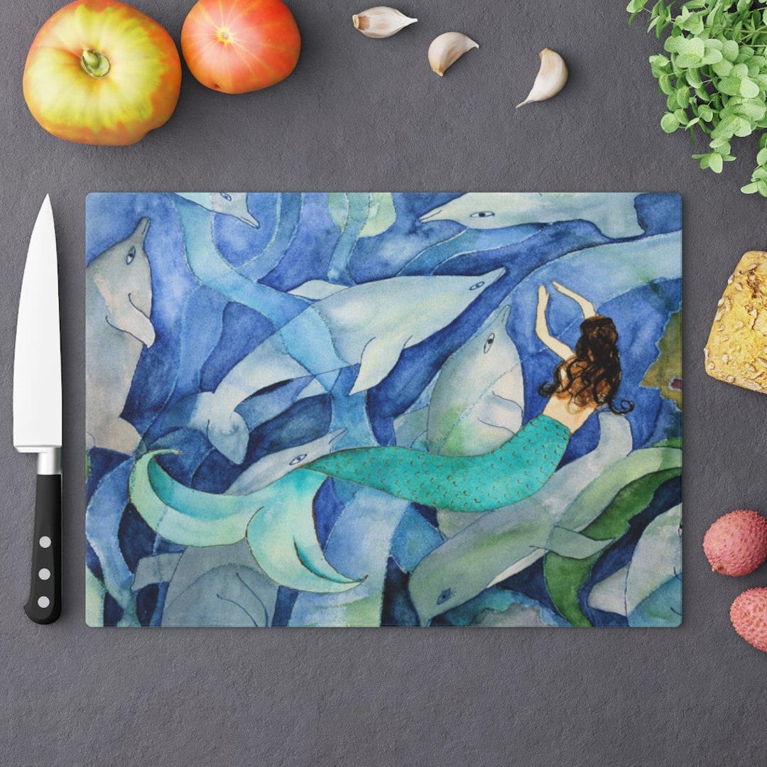 Dolphins and Mermaid Coastal Kitchen Tempered Glass Cutting Board of My ...