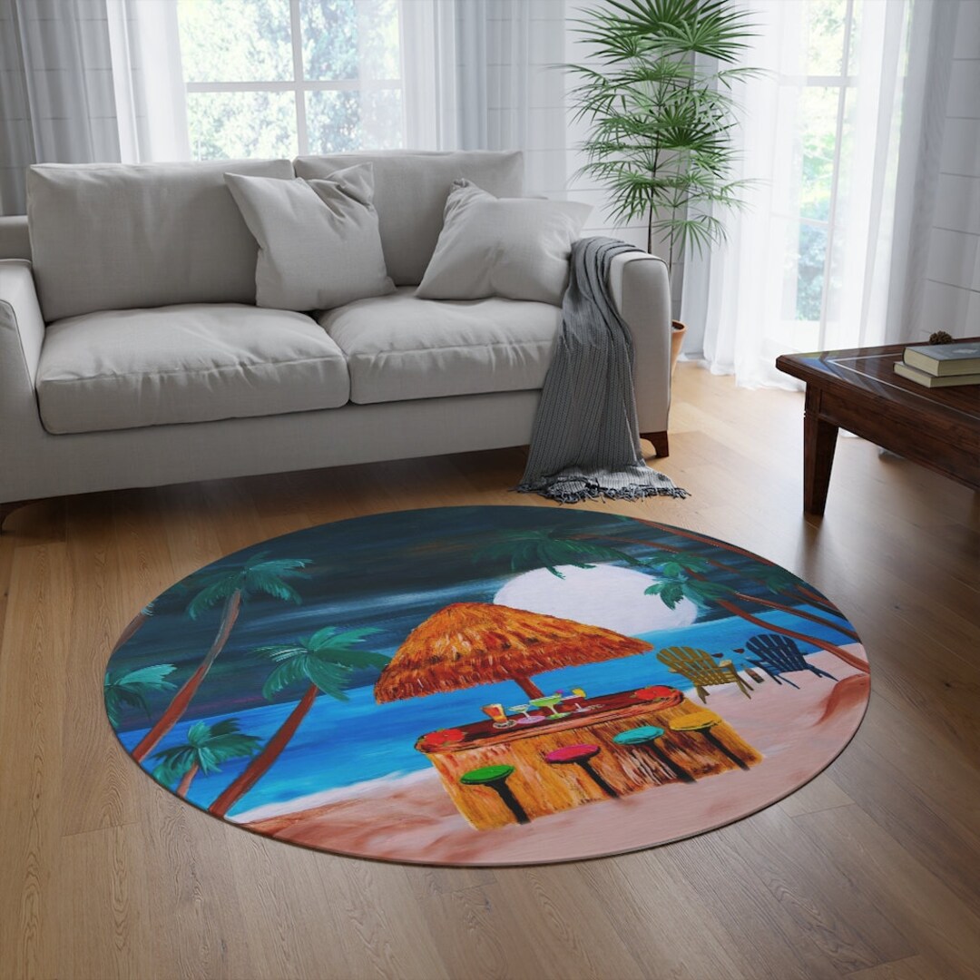 Tiki Beach Tropical Cocktail Bar Design Coastal Home 60" Round Rug With ...