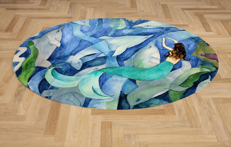 Dolphins and Mermaid Party Coastal Beach House Area Rugs of My - Etsy