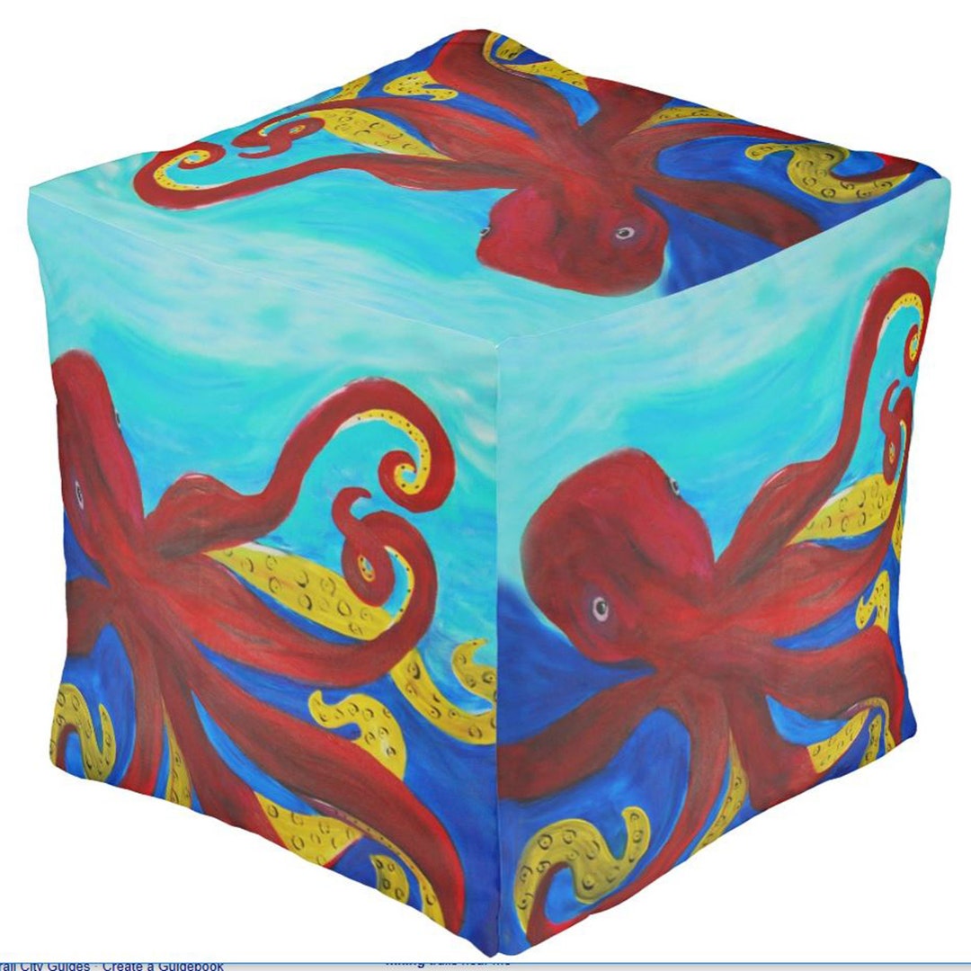 Red giant octopus beach coastal home ottoman or foot stool from my art ...