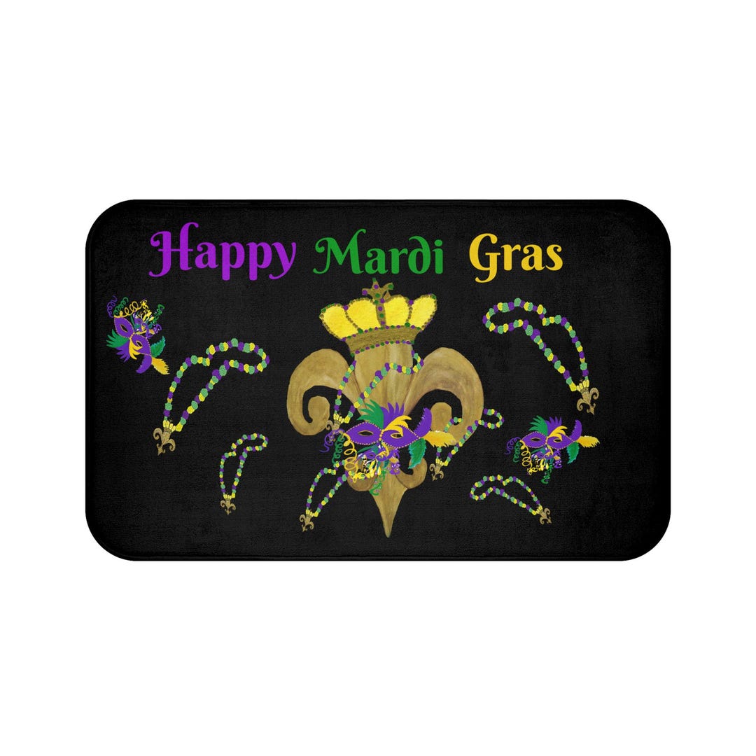 Mardi Gras Gold Crowned Fleur De Lis and Masks on Black Bathmat Rug ...