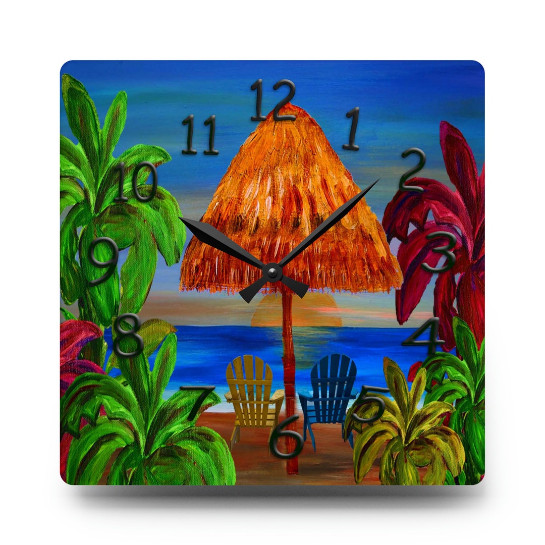 Tiki Tropical Beach Bar Wall Clock With My Art. Beach Bar Wall Clock is ...