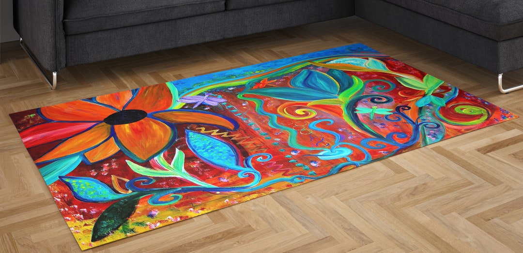 Orange and Blue Floral Intuitive Indoor Area Rugs of My Art ...