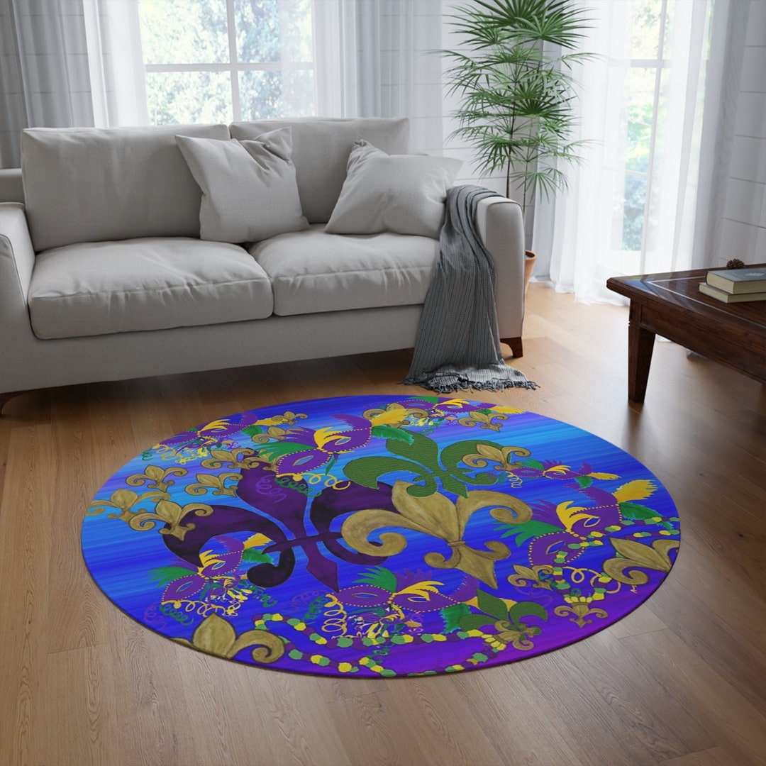 Mardi Gras Fleur De Lis and Masks Blue 60" Round Rug With My Art. Rug ...