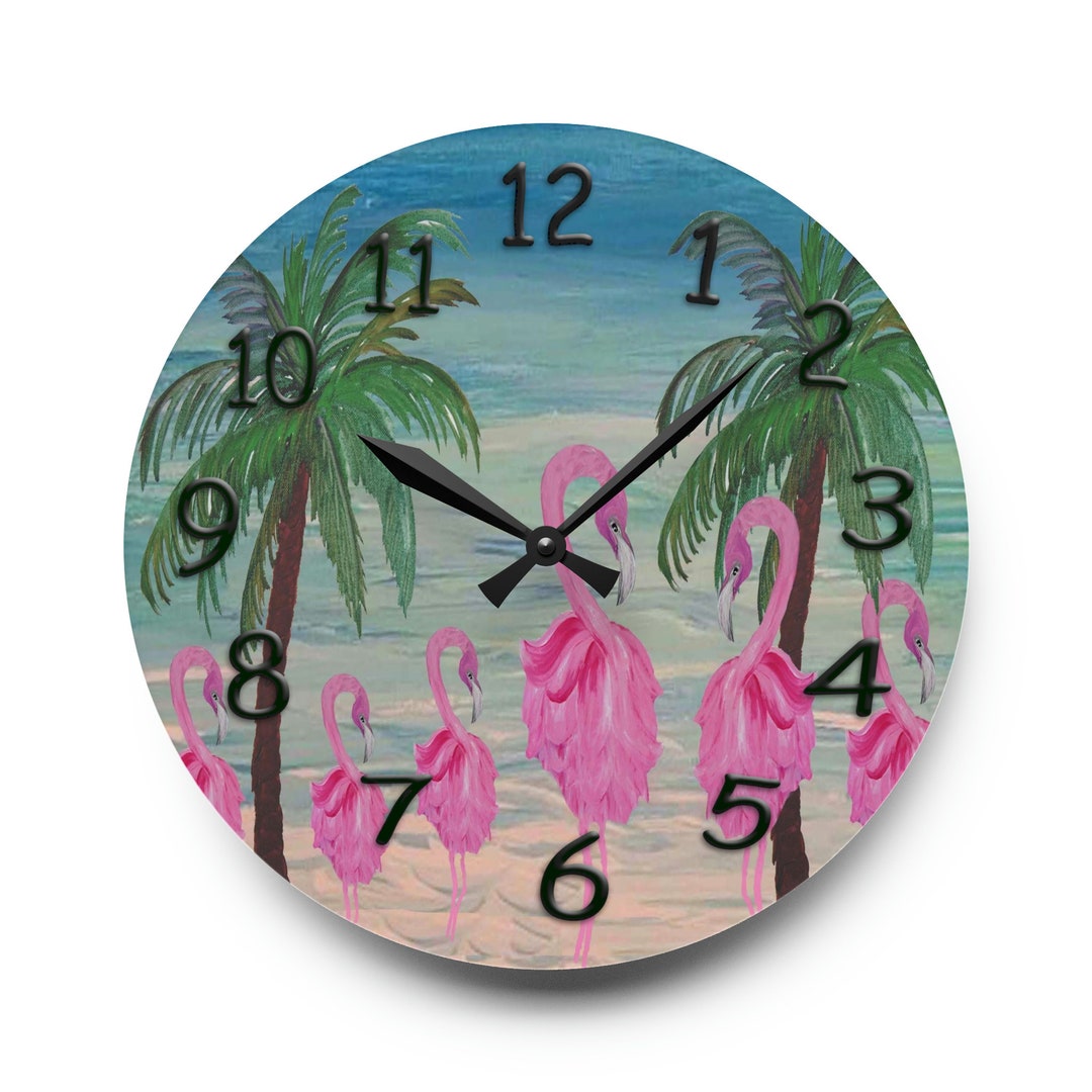 Fancy Pink Flamingos and Palm Trees Coastal Home Wall Clock With My Art ...