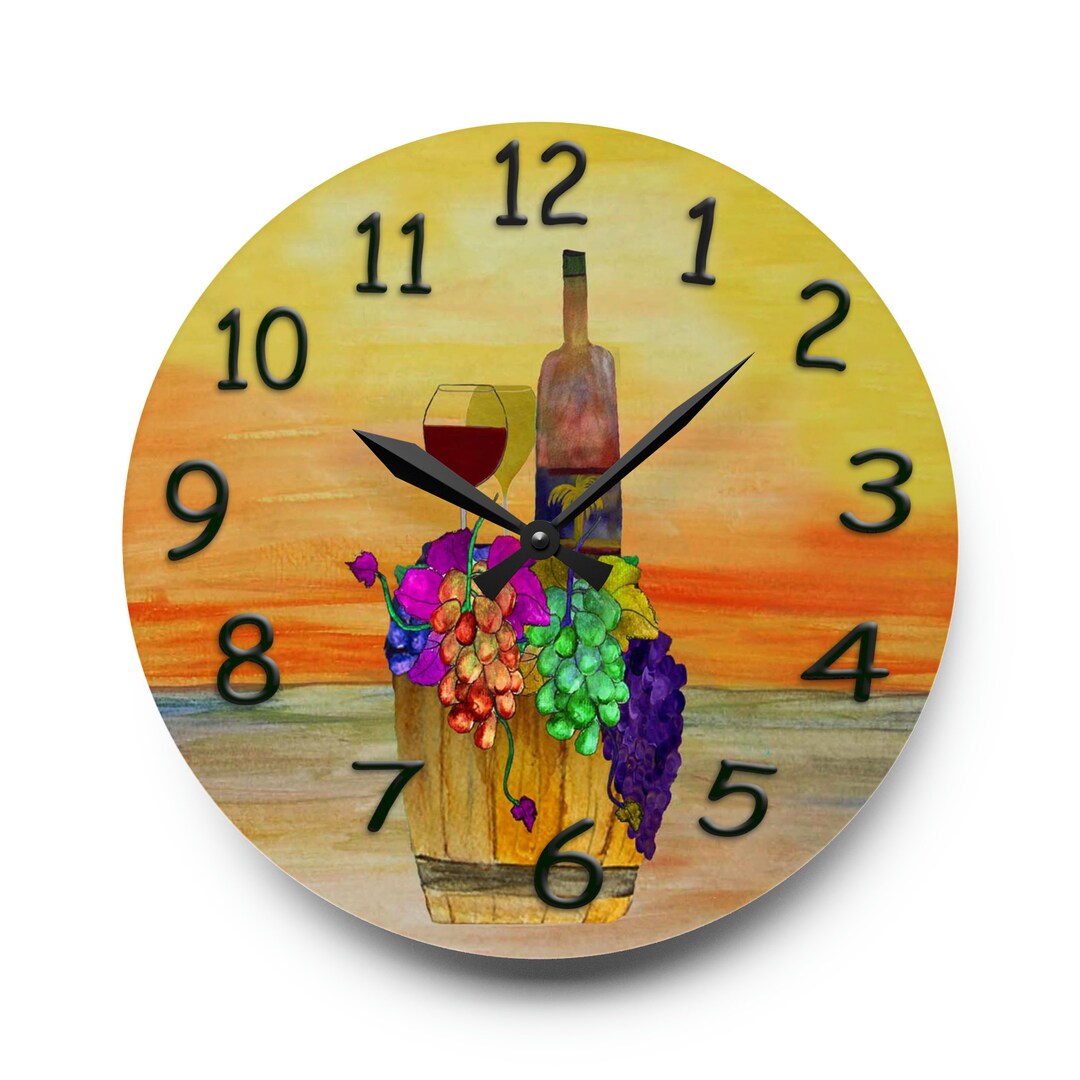 Grapes and Wine Barrel Vineyard Bar Wall Clock With My Art. Wine Design ...