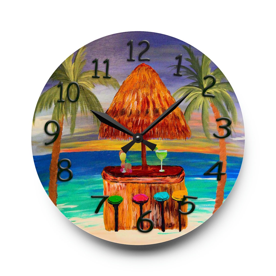 Tiki Tropical Beach Bar Wall Clock With My Art. Beach Bar Wall Clock is ...