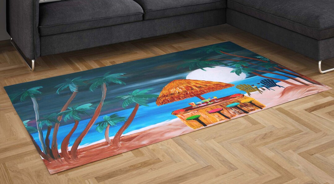 Tiki Bar in the Tropical Moonlight Romantic Beach Tiki Bar Area Rugs of ...