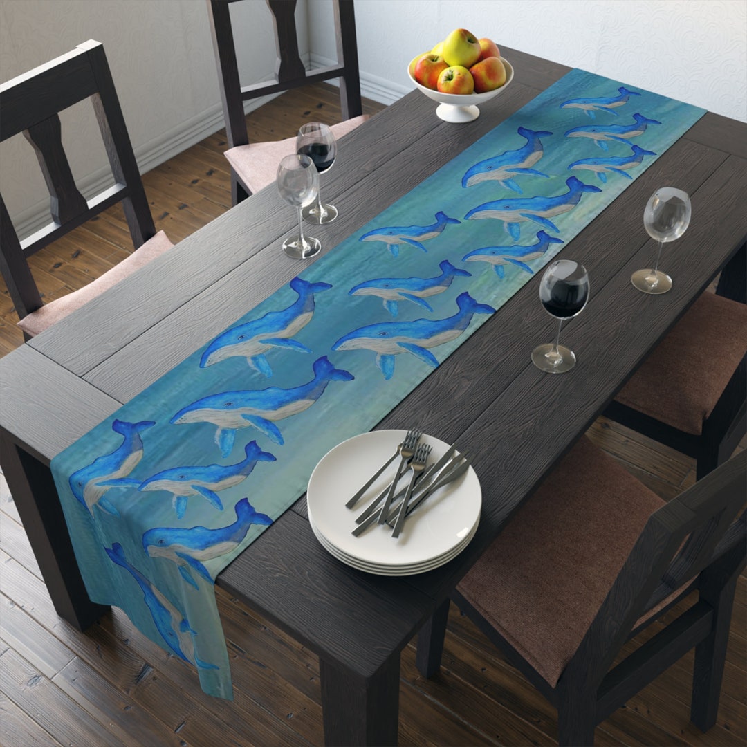 Blue Whale Ocean Coastal Home Table Runner of My Art. Size 90 X 16 ...
