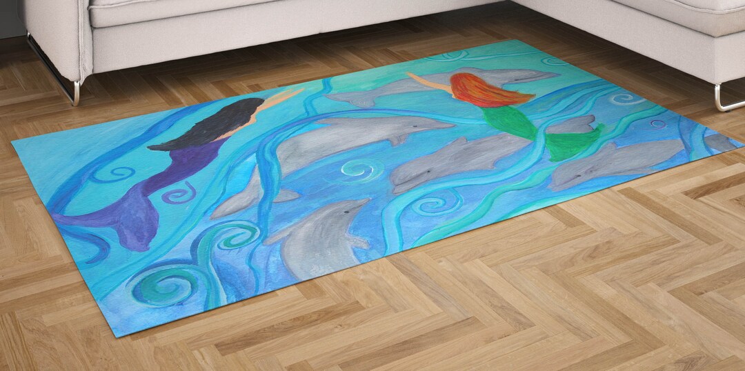 Mermaid Swimming With Dolphins Coastal Home Area Rugs of My Art ...