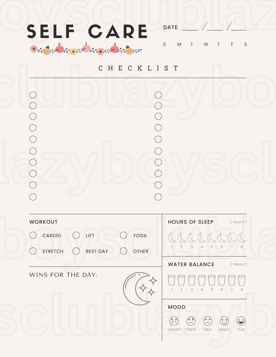 Printable Self Care Worksheet/to-do List Flowers and Moon - Etsy