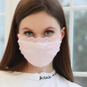 Pink Lace Mask With Pearls, Mask With Chain, Wedding Face Mask, Bridal ...