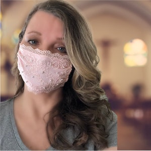 Pink Lace Mask With Pearls, Mask With Chain, Wedding Face Mask, Bridal ...