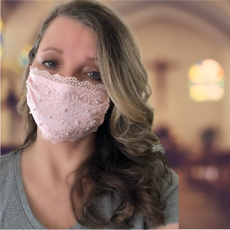 Pink Lace Mask with Pearls Mask with Chain Wedding Face | Etsy