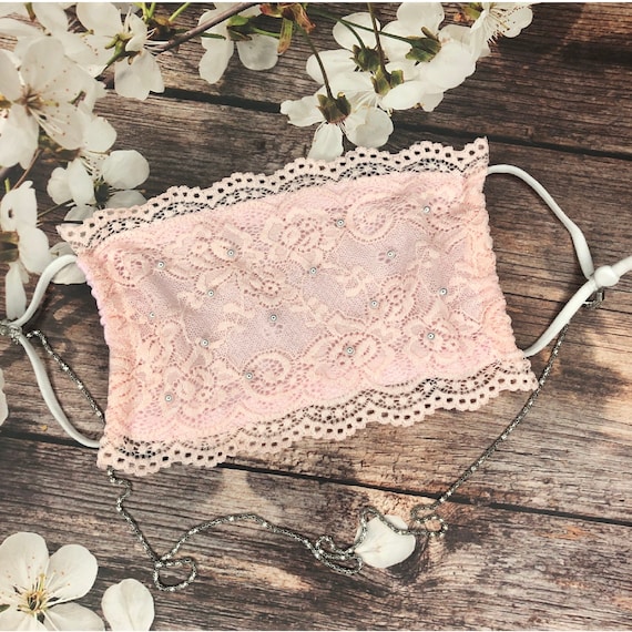 Pink Lace Mask with Pearls Mask with Chain Wedding Face | Etsy