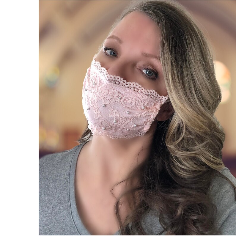 Pink Lace Mask With Pearls Mask With Chain Wedding Face - Etsy
