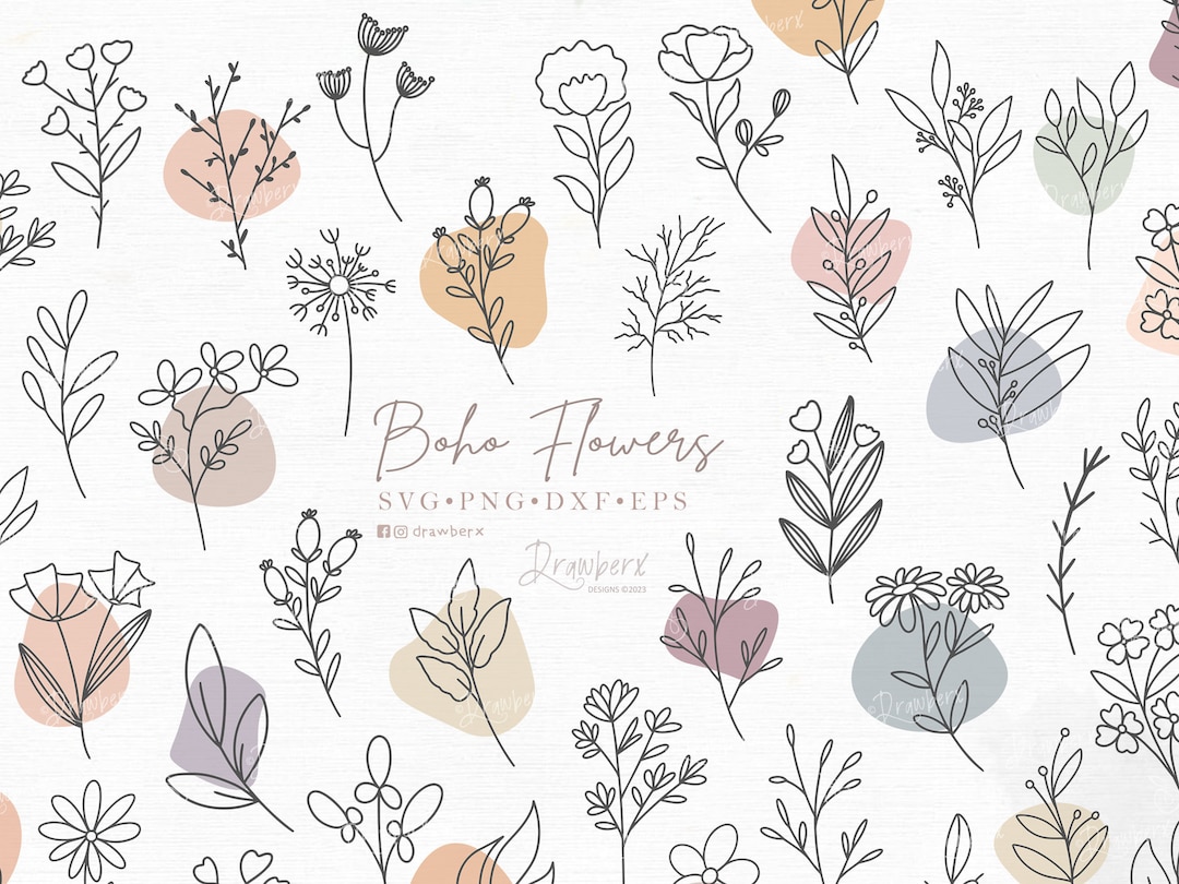 Doodle Boho Flowers Svg, Hand-drawn, Wildflowers Bundle, Simple, Scandi ...