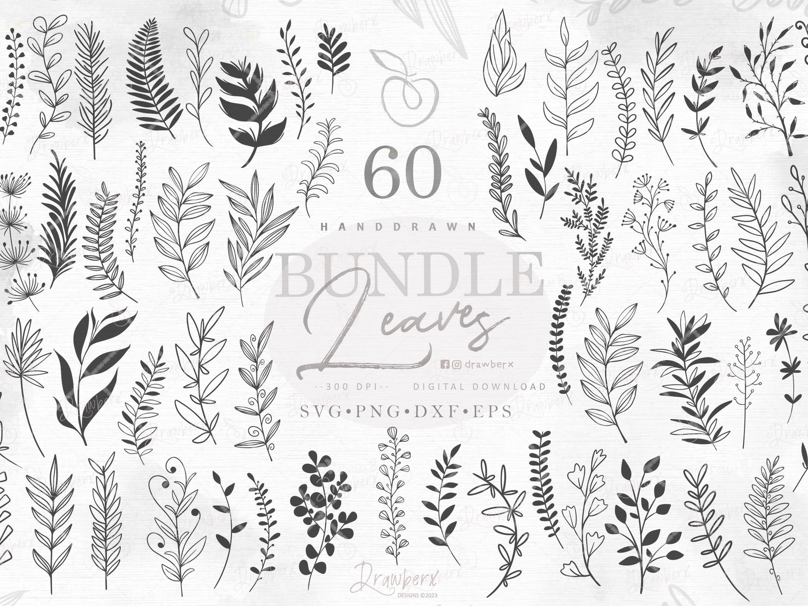 Leaf Branch Border Svg Bundle, Hand Drawn Foliage Leaves Svg, Curved ...