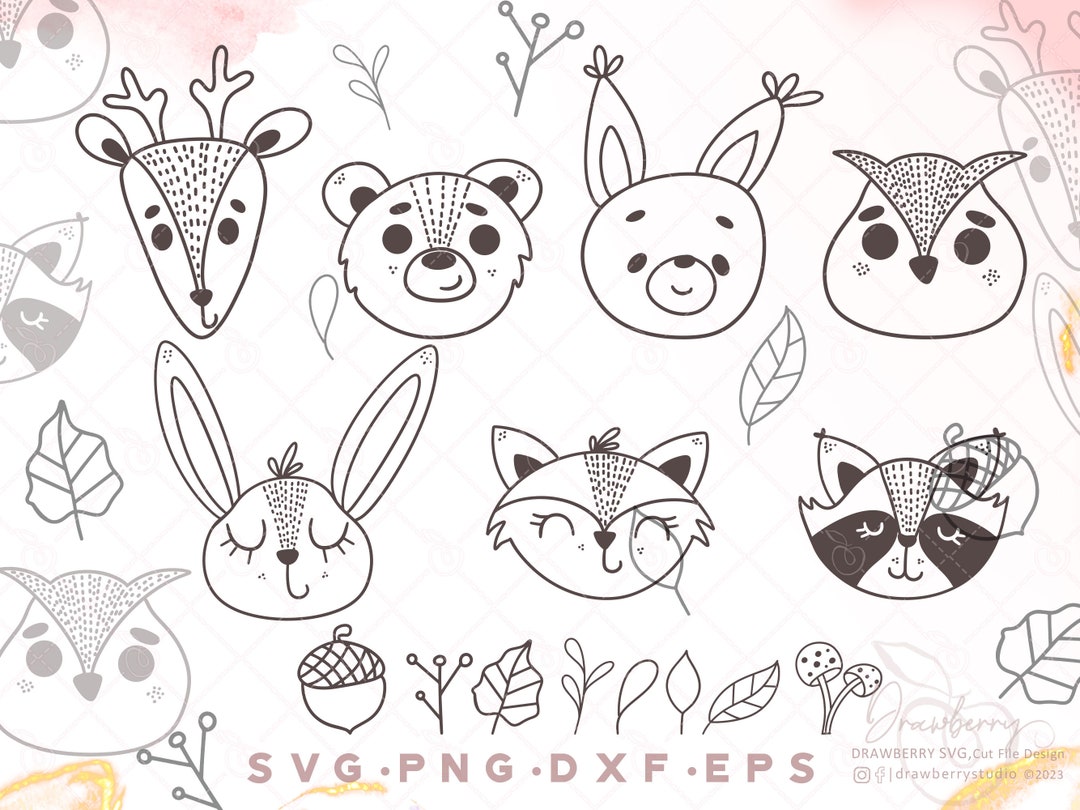 Woodland Animal Svg Bundle / Cute Baby Animal Face Svg, Doodle Scandi ...
