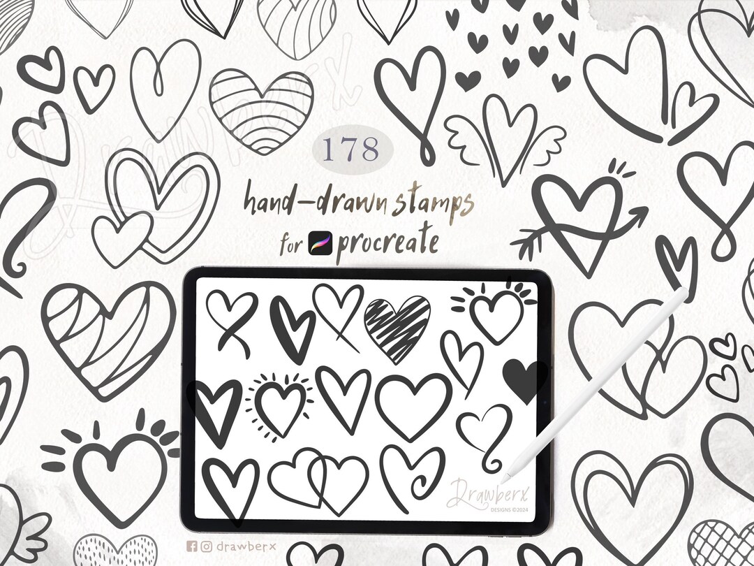 Procreate Heart Stamp Brushes / 178 Hand-drawn Heart Brushes ...