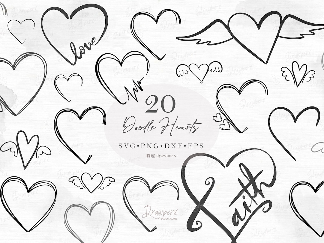 Open Heart SVG Bundle - Doodle Svg, Connecting Hearts, Winged Valentine Heart With Open Side ...