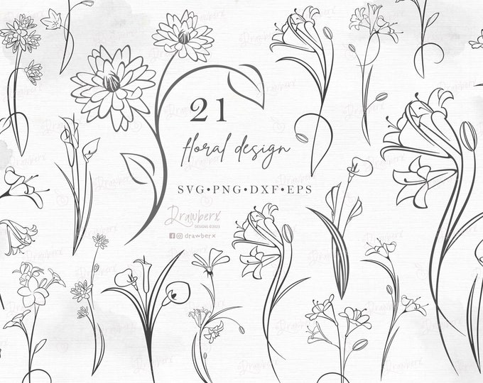 Flower SVG, Floral SVG, Doodle Flowers PNG, Flower Clipart, Floral Line ...
