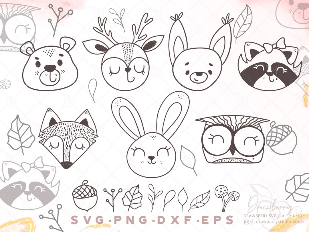 Woodland Animal Face Svg Bundle / Cute Doodle Baby Animal Svg, Scandi ...