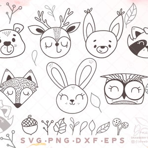 Woodland Animal Face Svg Bundle / Cute Doodle Baby Animal Svg, Scandi ...