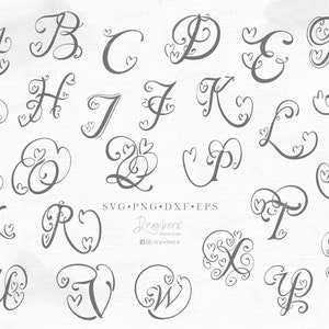 Flourish Letters SVG | Fancy Script Monogram Alphabet With Hearts ...