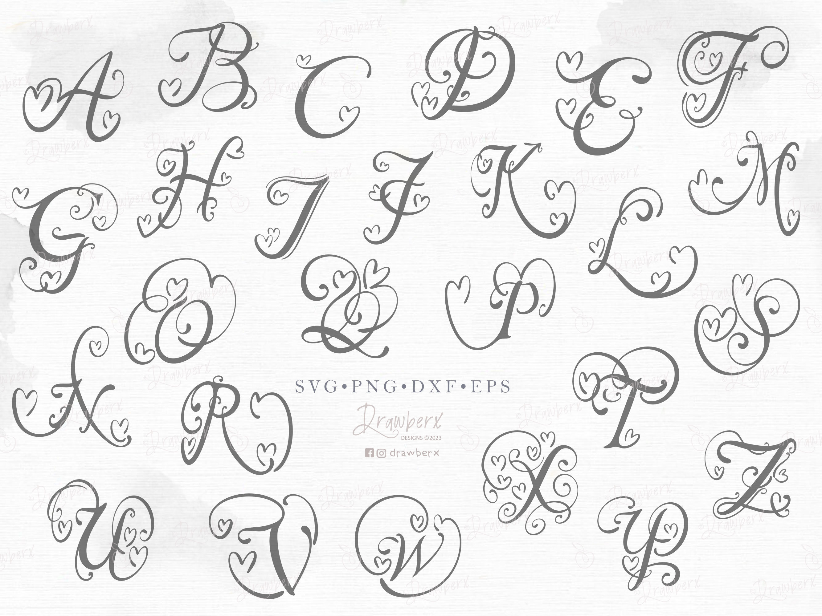 Flourish Letters SVG | Fancy Script Monogram Alphabet With Hearts ...