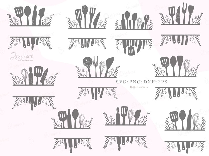 Kitchen Utensils Split Monogram Svg Design, Kitchen Monogram Frame, for ...
