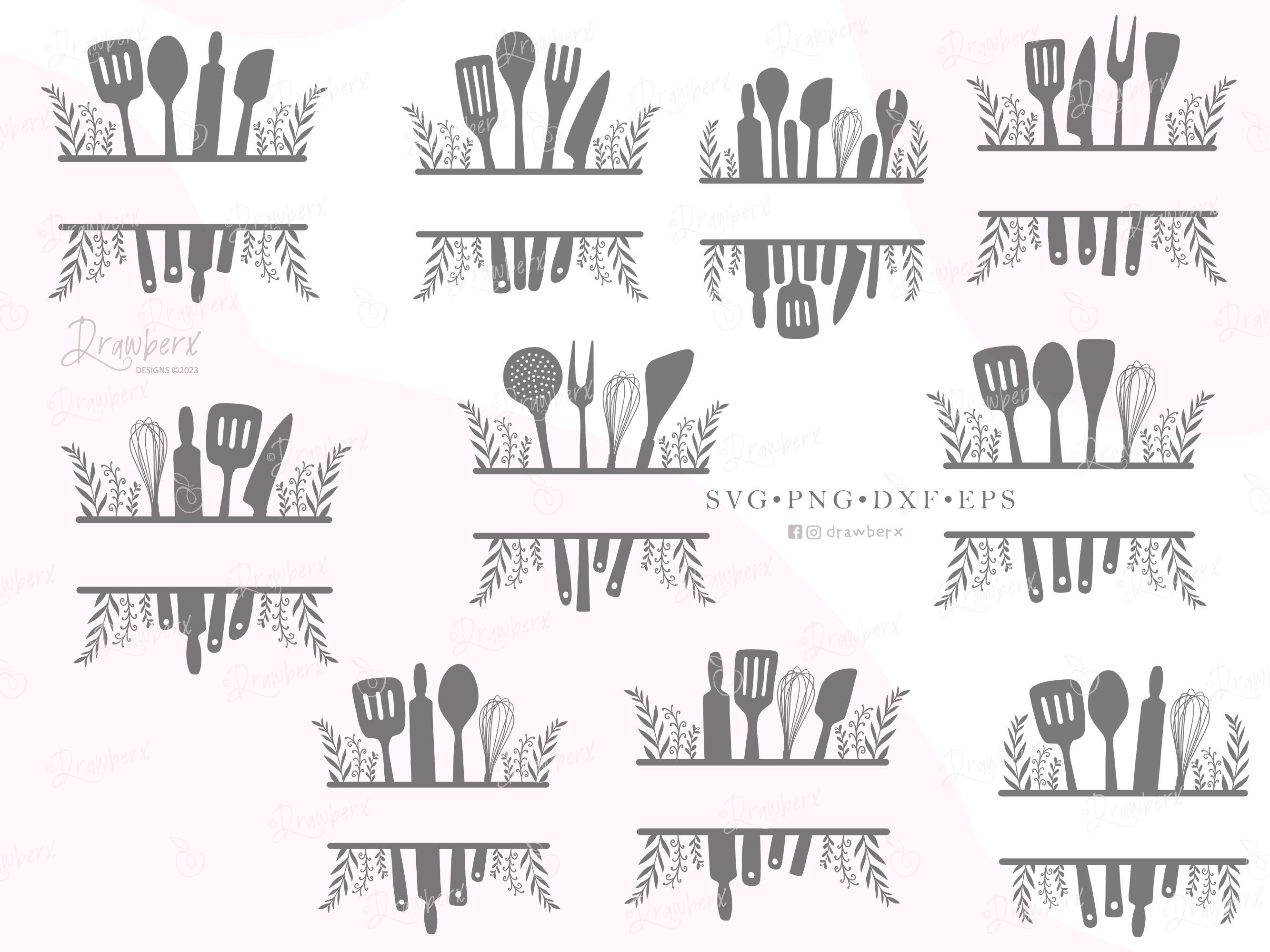 Kitchen Utensils Split Monogram Svg Design, Kitchen Monogram Frame, for ...