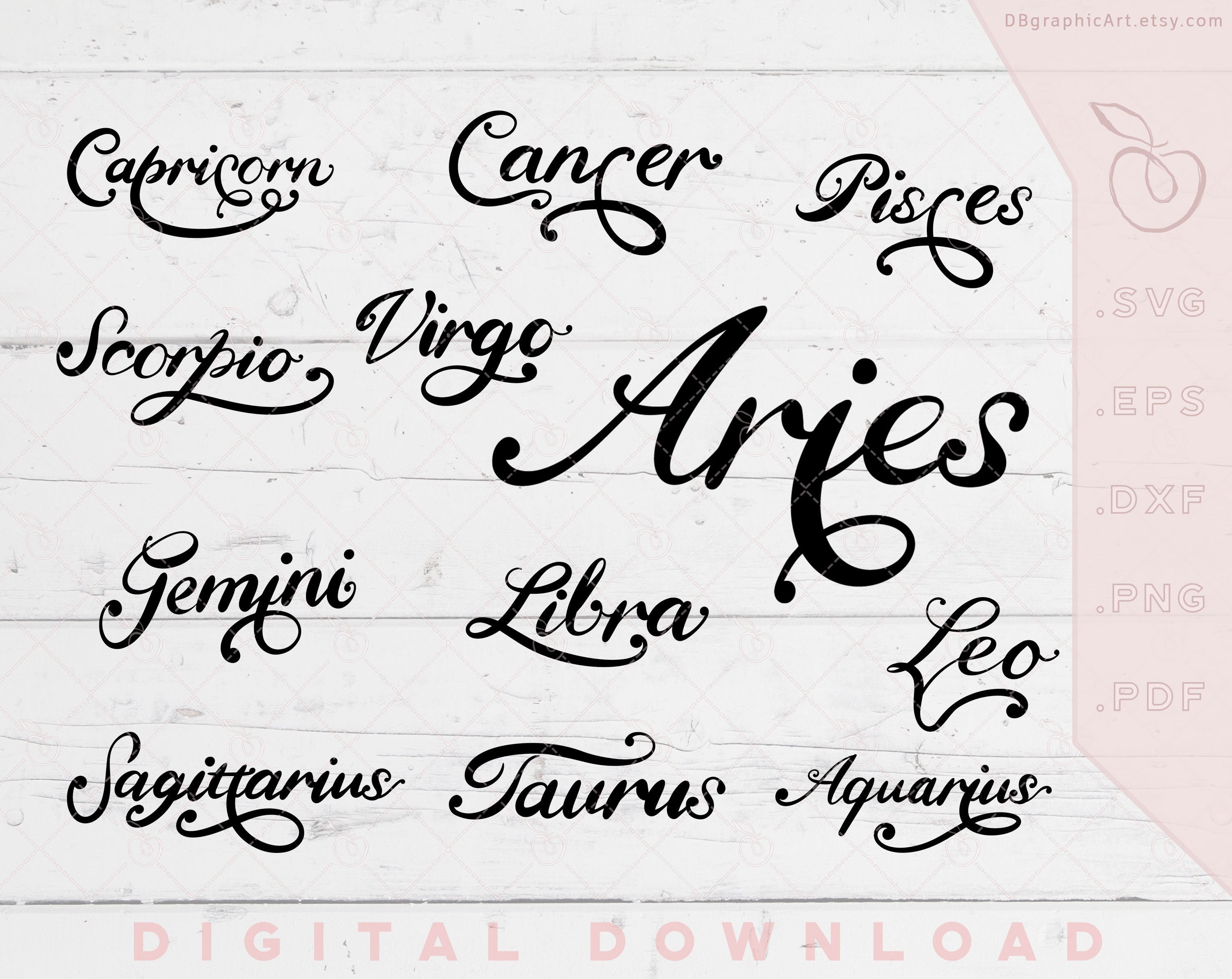 Zodiac Names Svg, Calligraphy Zodiac Sign, Script Zodiac Svg ...