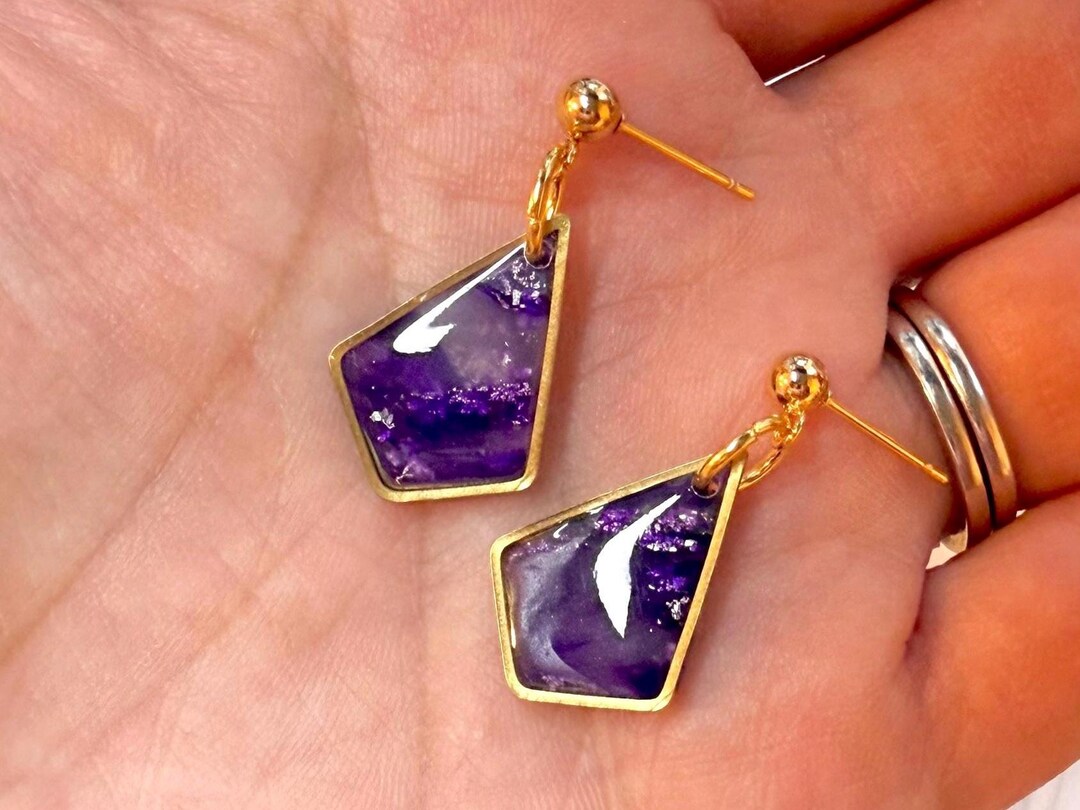 Diamond Shaped Purple and Silver Flake Marble Polymer Clay Earrings ...