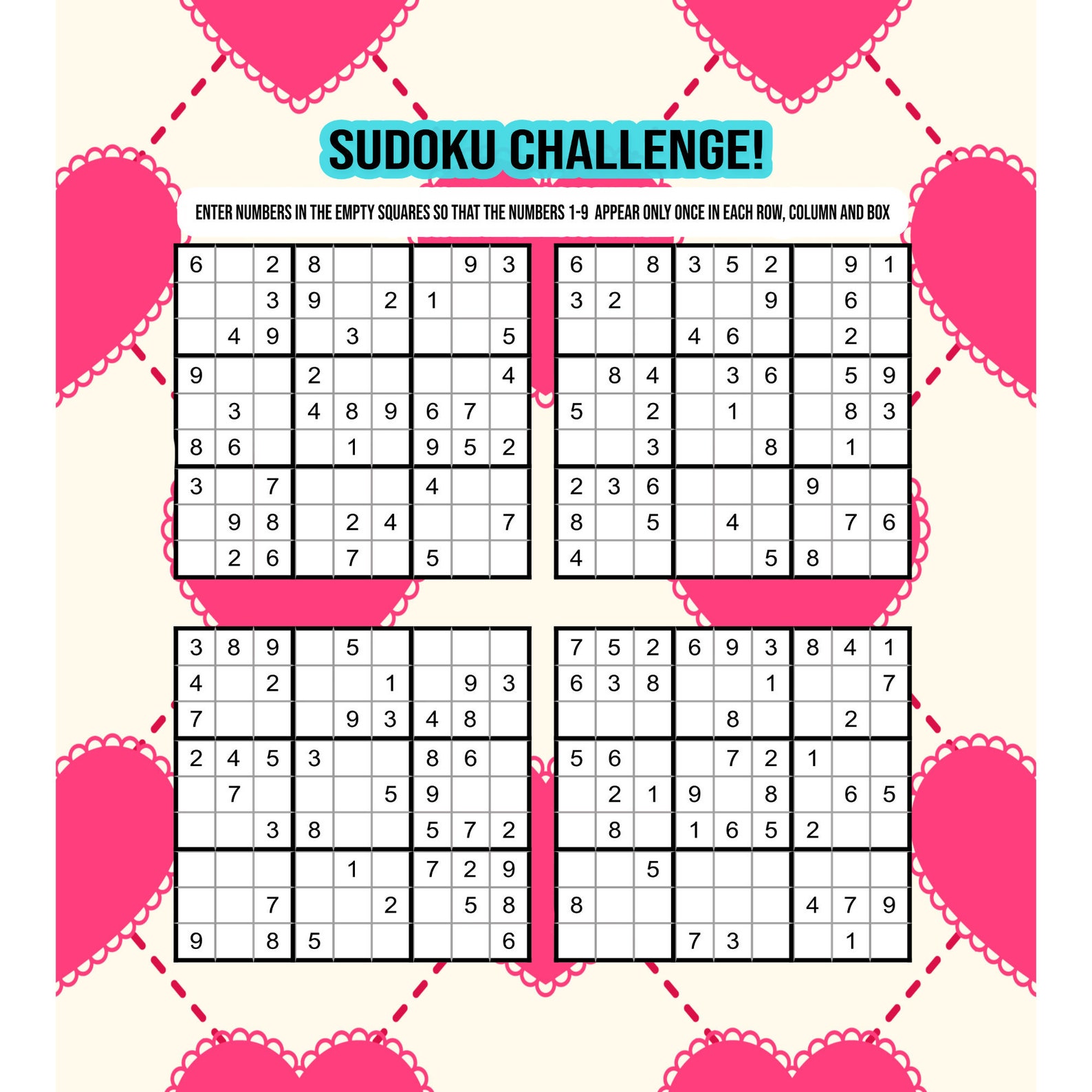 Sudoku Puzzle Print Out Instant Download Valentines Day Puzzle Digital ...