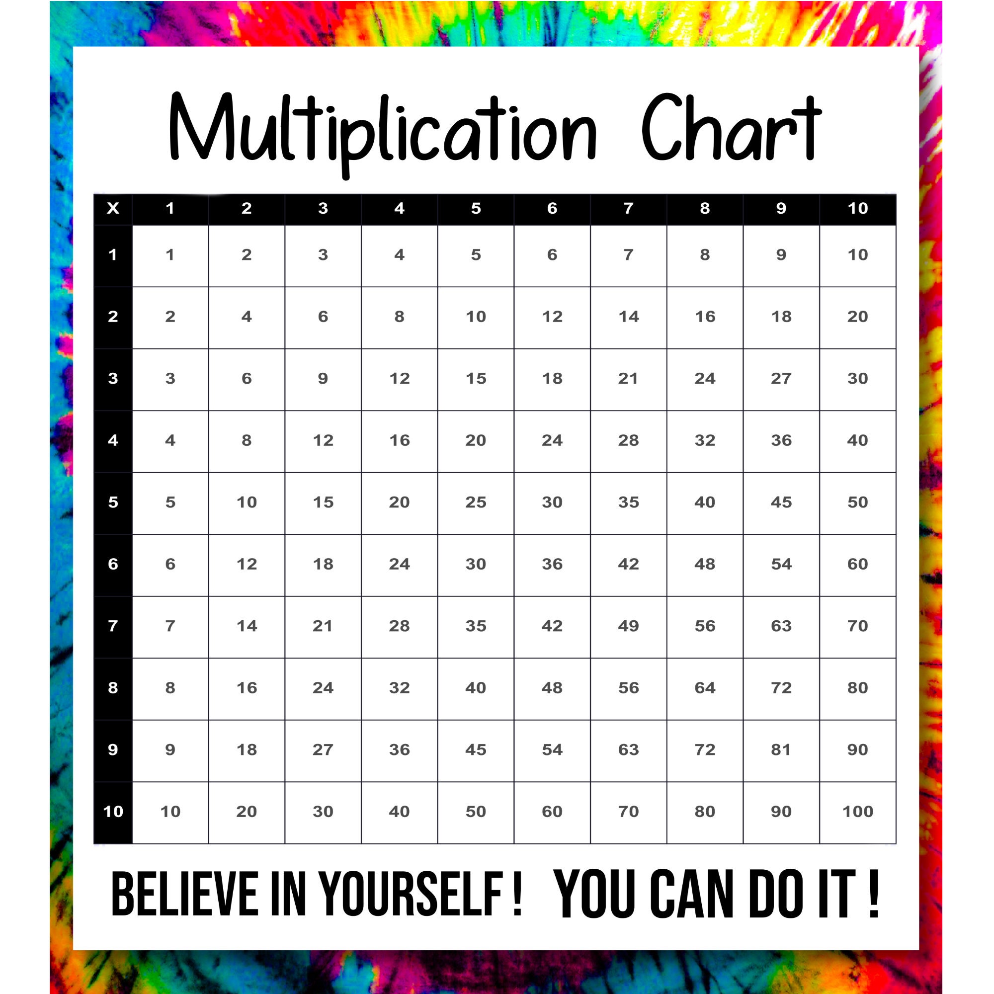 Multiplication Table Printable Tie Dye Teacher Printable Kids Printable ...