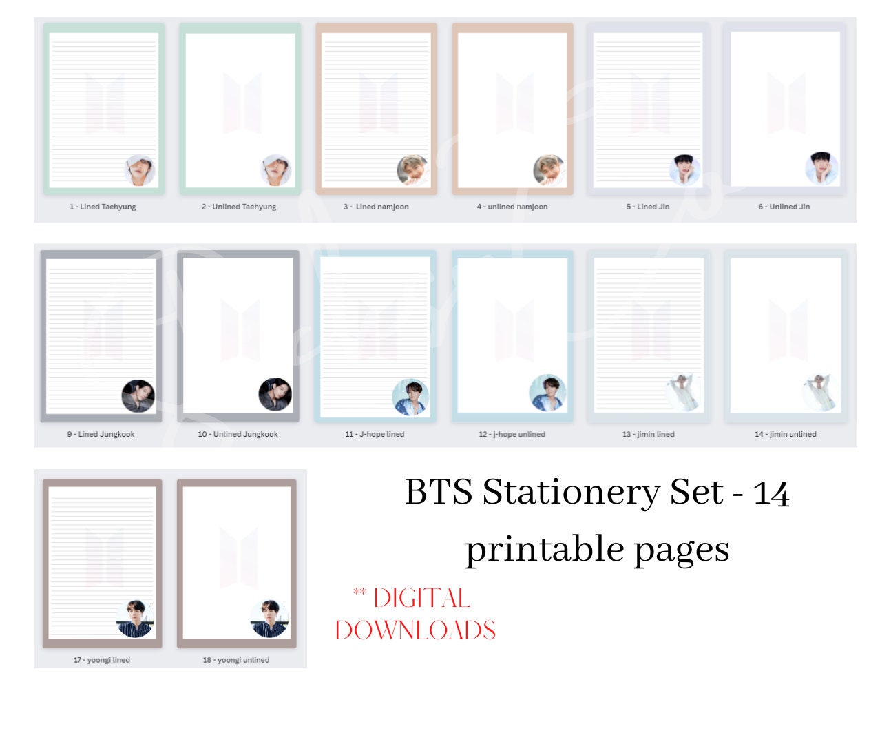 BTS Printable Stationery Set, Printable Downloadable Pages. - Etsy