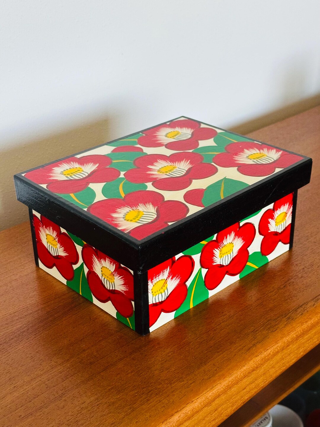 Vintage Japanese Wooden Box With Hand Painted Camellia Design - Etsy