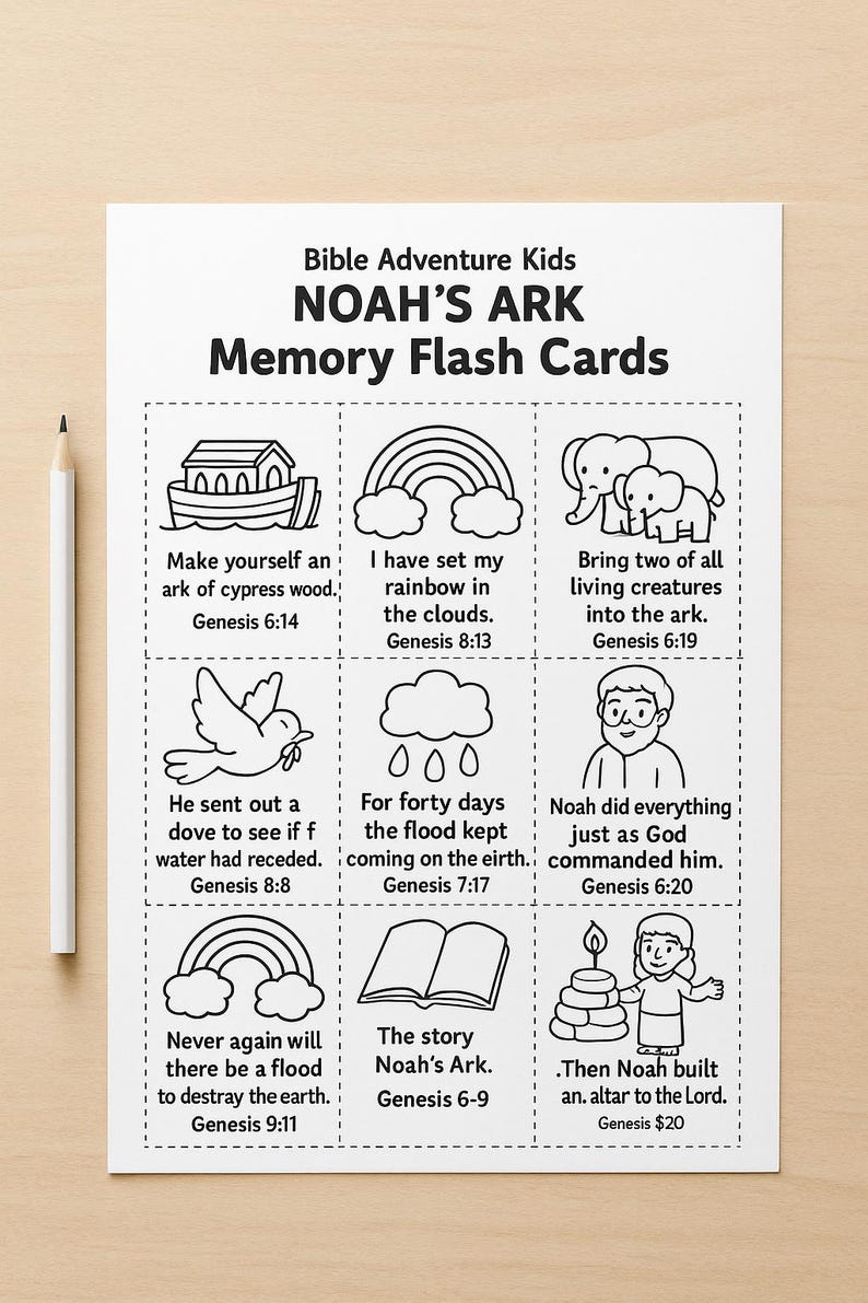 Noah's Ark Flash Cards: Bible Verse Coloring Page (PDF) | Bible Story ...
