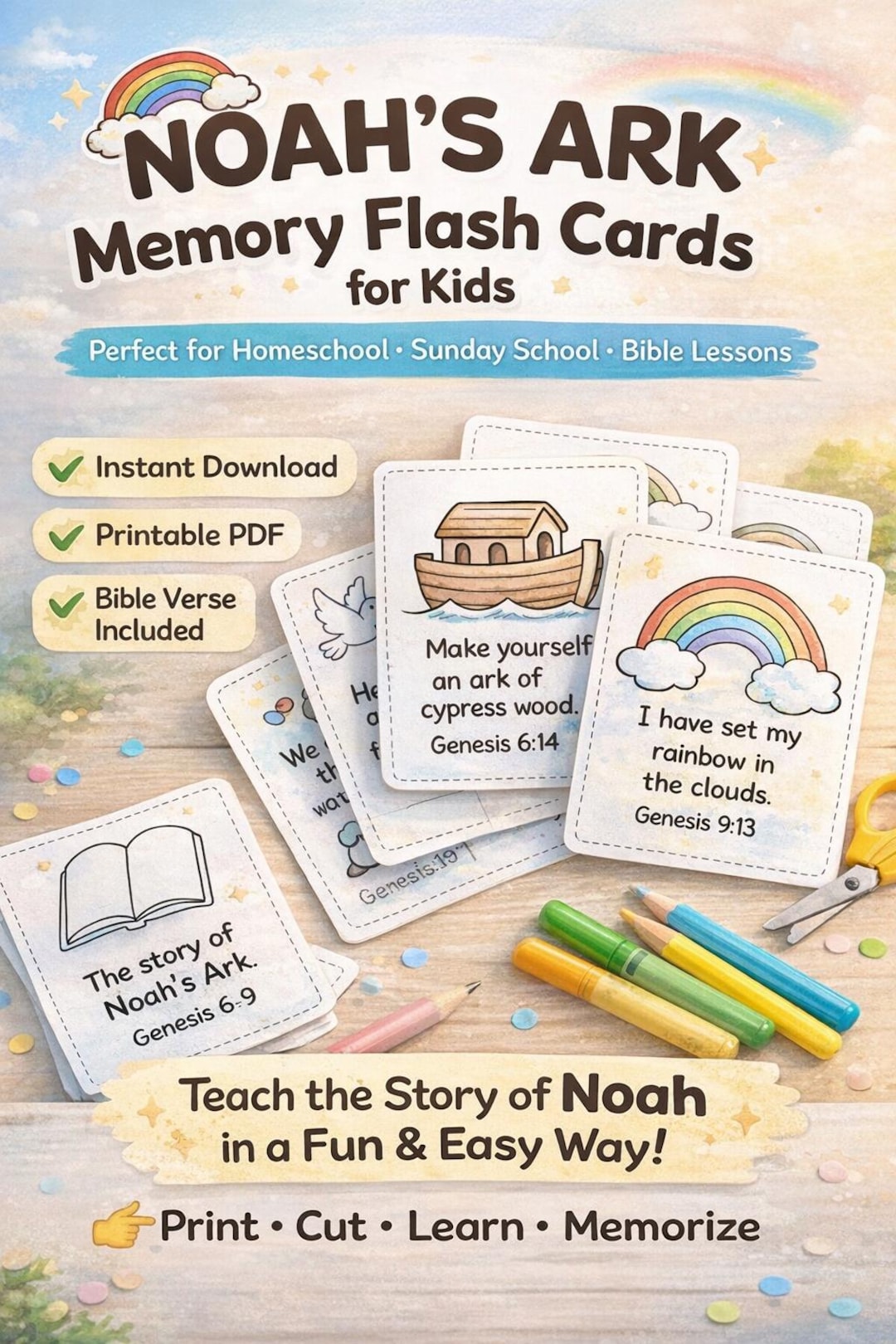 Noah's Ark Flash Cards: Bible Verse Coloring Page (PDF) | Bible Story ...