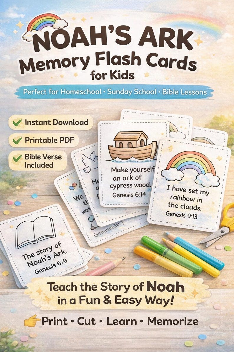 Noah's Ark Flash Cards: Bible Verse Coloring Page (PDF) | Bible Story ...