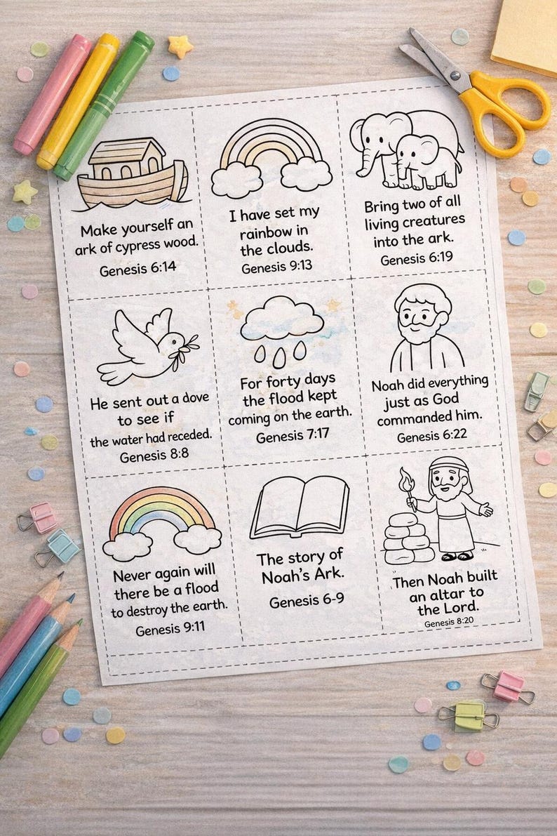 Noah's Ark Flash Cards: Bible Verse Coloring Page (PDF) | Bible Story ...
